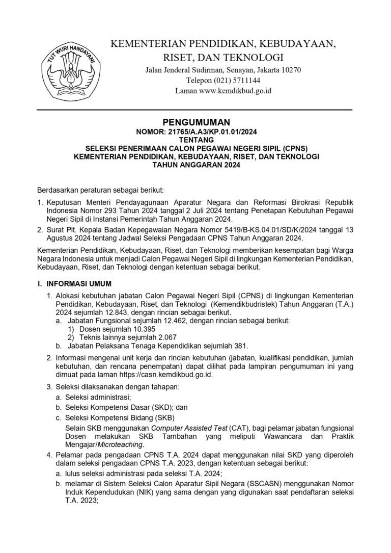SELEKSI PENERIMAAN CPNS KEMDIKBUDRISTEK TA 2024 DI LINGKUNGAN ...